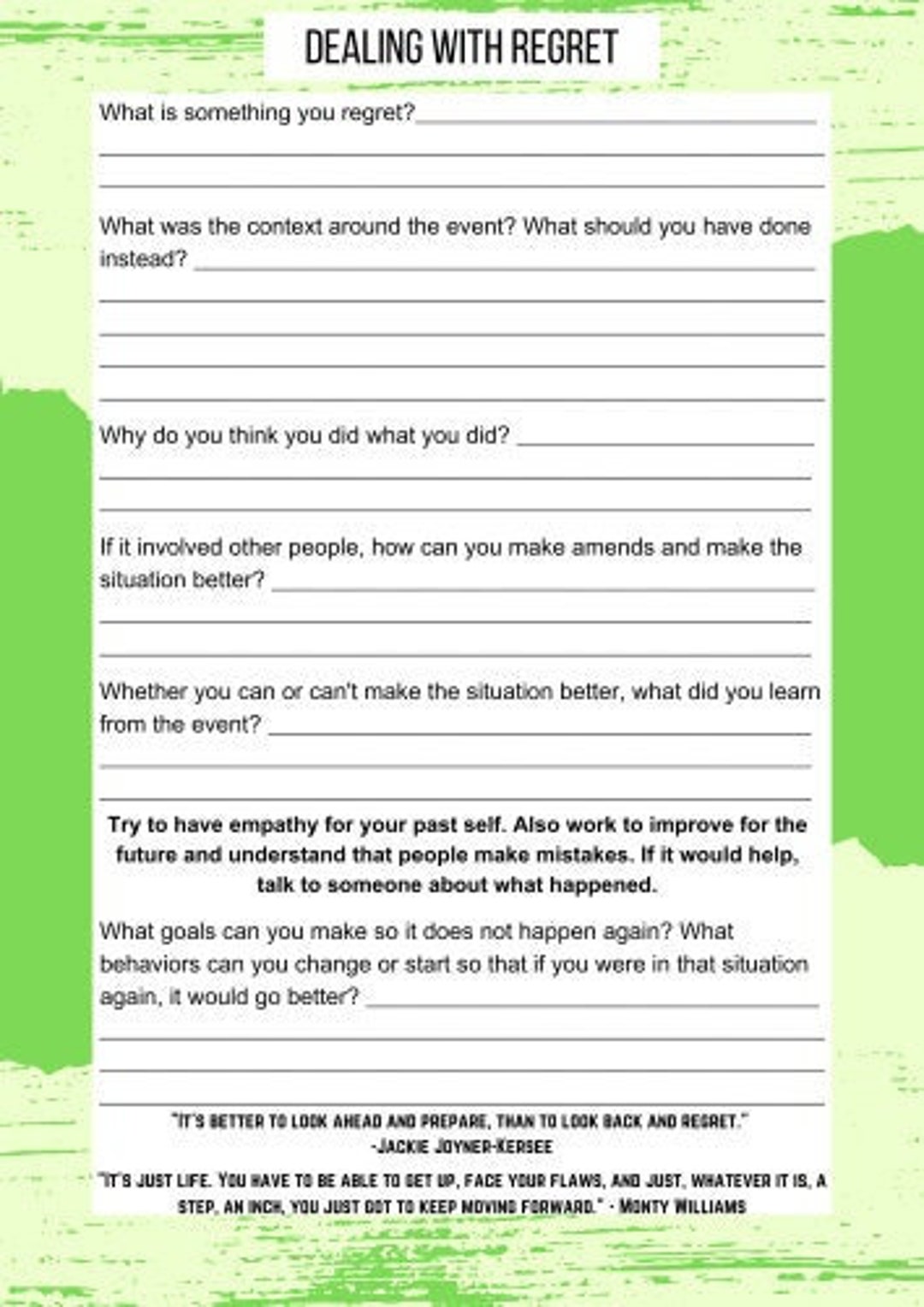 Dealing With Regret, Therapy Worksheet, Mental Health - Etsy