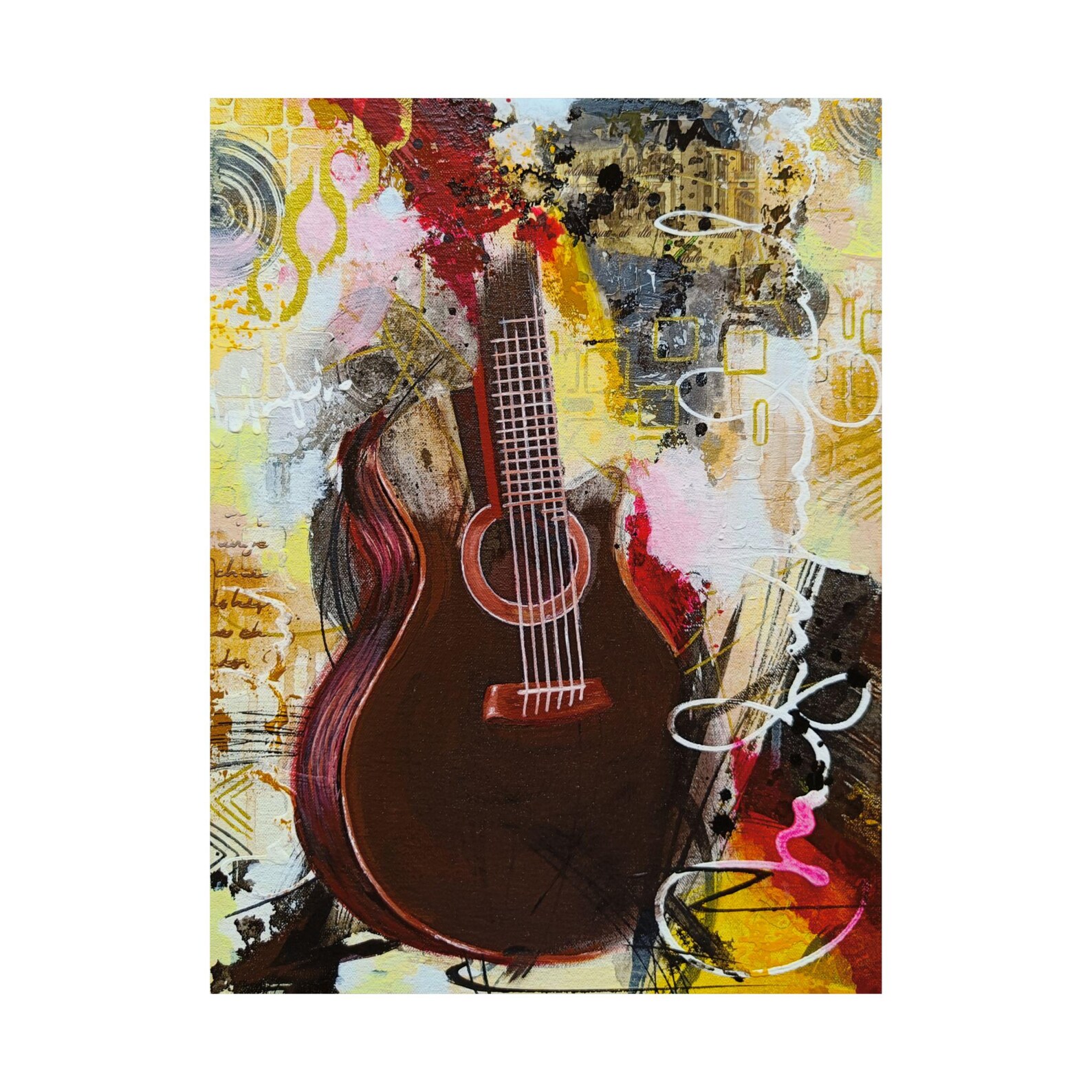 Retro Guitar Painting Poster Print, Original Fine Art Vintage Guitar ...