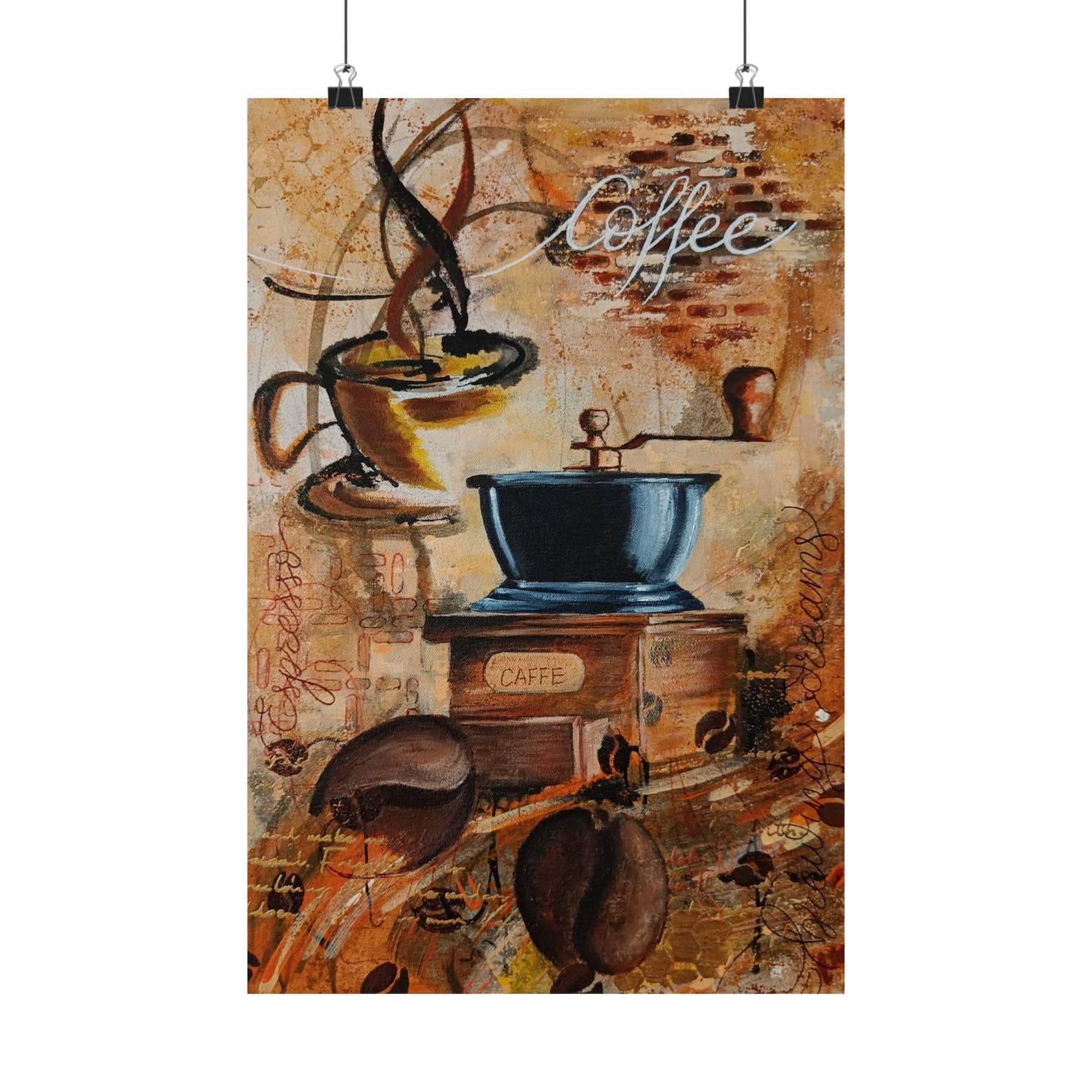 Cafe Themed Original Art Print Vintage Coffee Grinder & Beans in Rustic ...