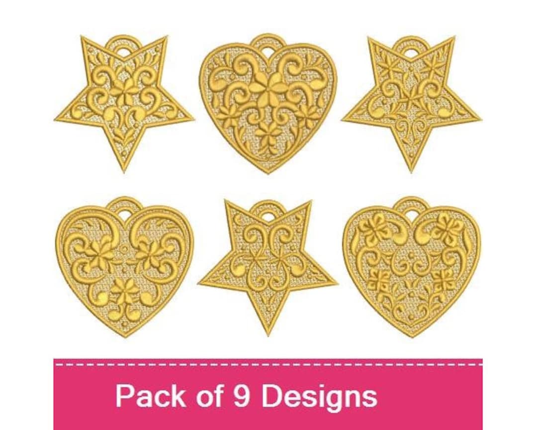 9 FSL Floral Star & Heart Ornaments - Machine Embroidery Designs PACK ...