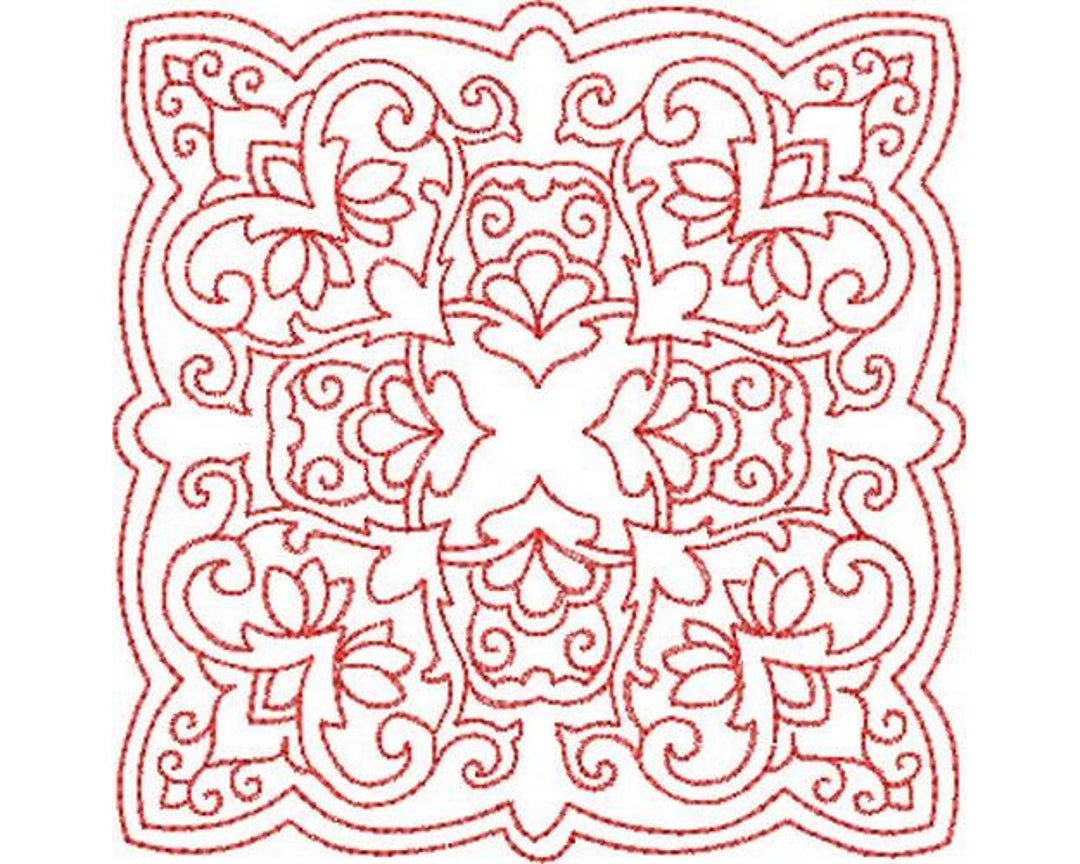 Redwork Block Pattern Machine Embroidery Design, Floral Quilt Block ...