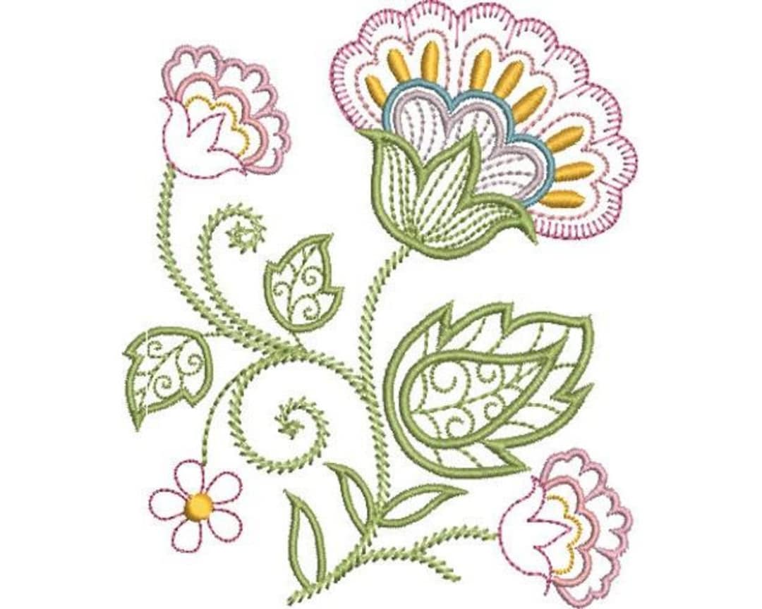 Jacobean Floral Machine Embroidery Design, Jacobean Flower Embroidery Pattern, Floral Design ...
