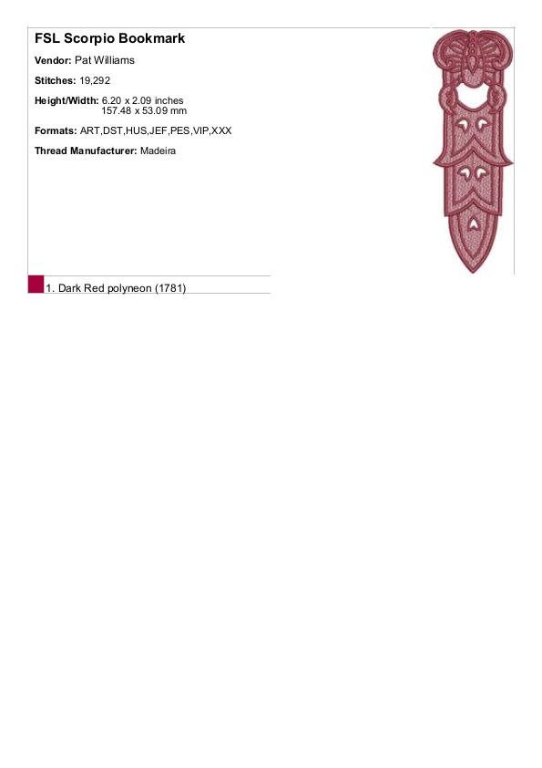 FSL Scorpio Bookmark - Machine Embroidery Design, Freestanding Lace ...