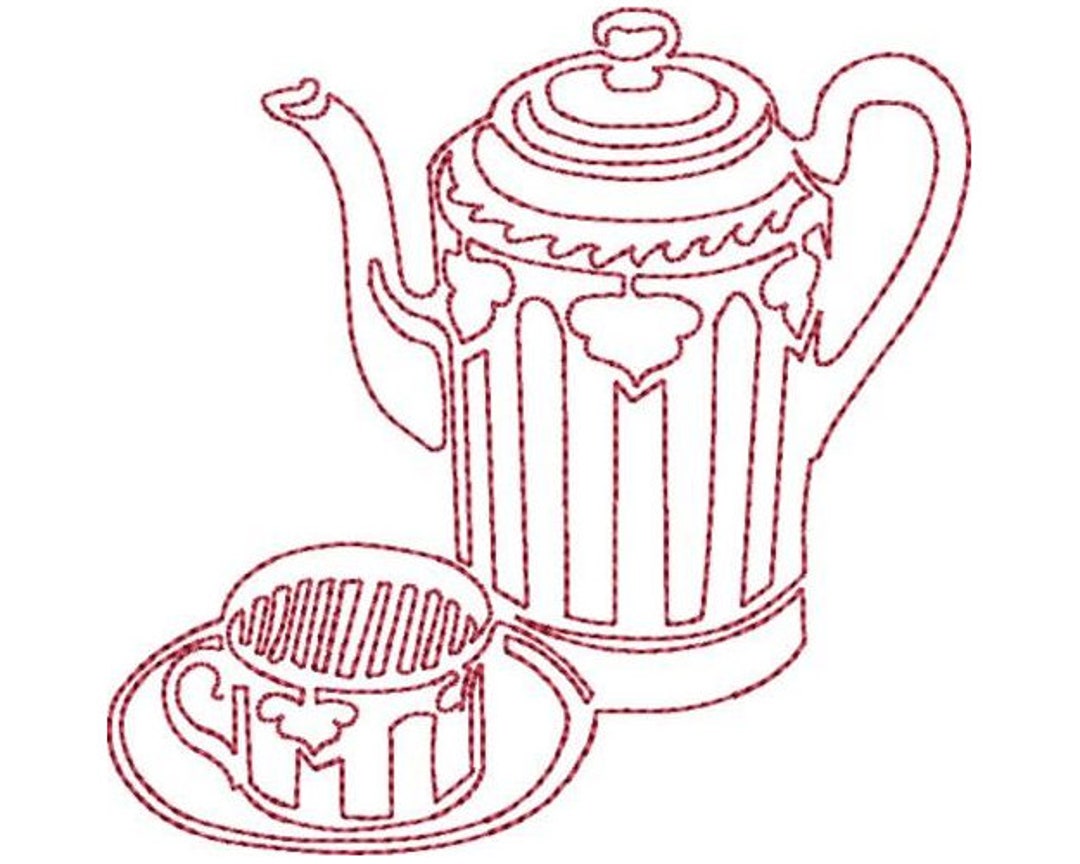 Pretty Tea Redwork - Machine Embroidery Design, Tea Pitcher Redwork ...