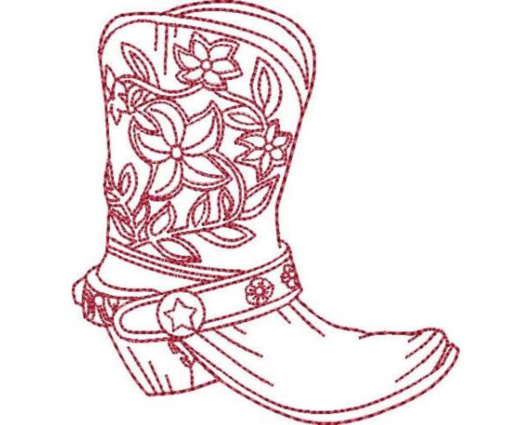 Redwork Cowboy Boot - Machine Embroidery Design, Floral Cowgirl Boot ...