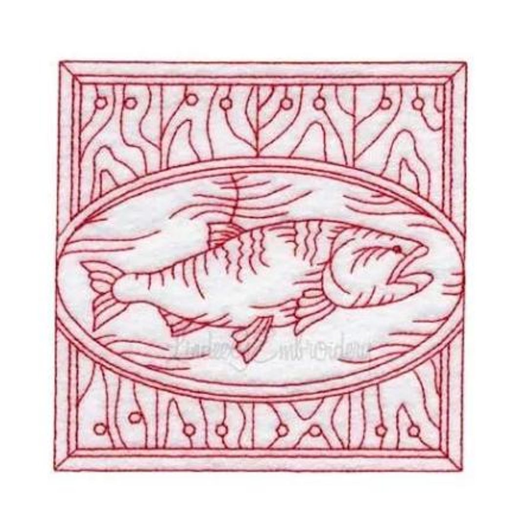 Mounted Fish Redwork - Machine Embroidery Design - 3 Sizes, Fish Square ...