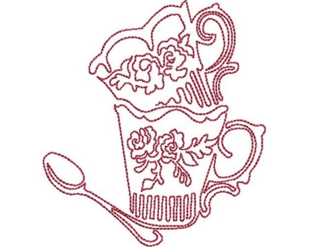 Tea Mugs & Spoon Redwok - Machine Embroidery Design, Teacups Redwork ...