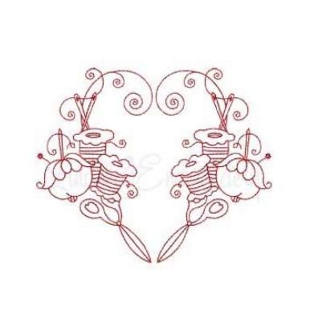 Redwork Sewing Heart Collage - Machine Embroidery Design, Thread Spools ...
