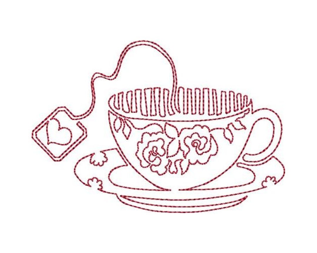 Tea Cup Redwork - Machine Embroidery Design, Redwork Teacup Embroidery ...