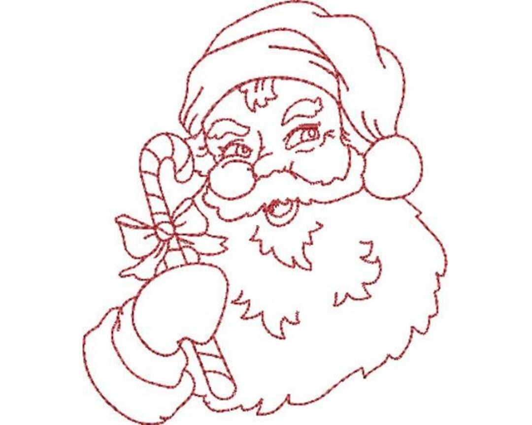 Santa With Candy Cane Redwork Quilt Block - Machine Embroidery Design ...
