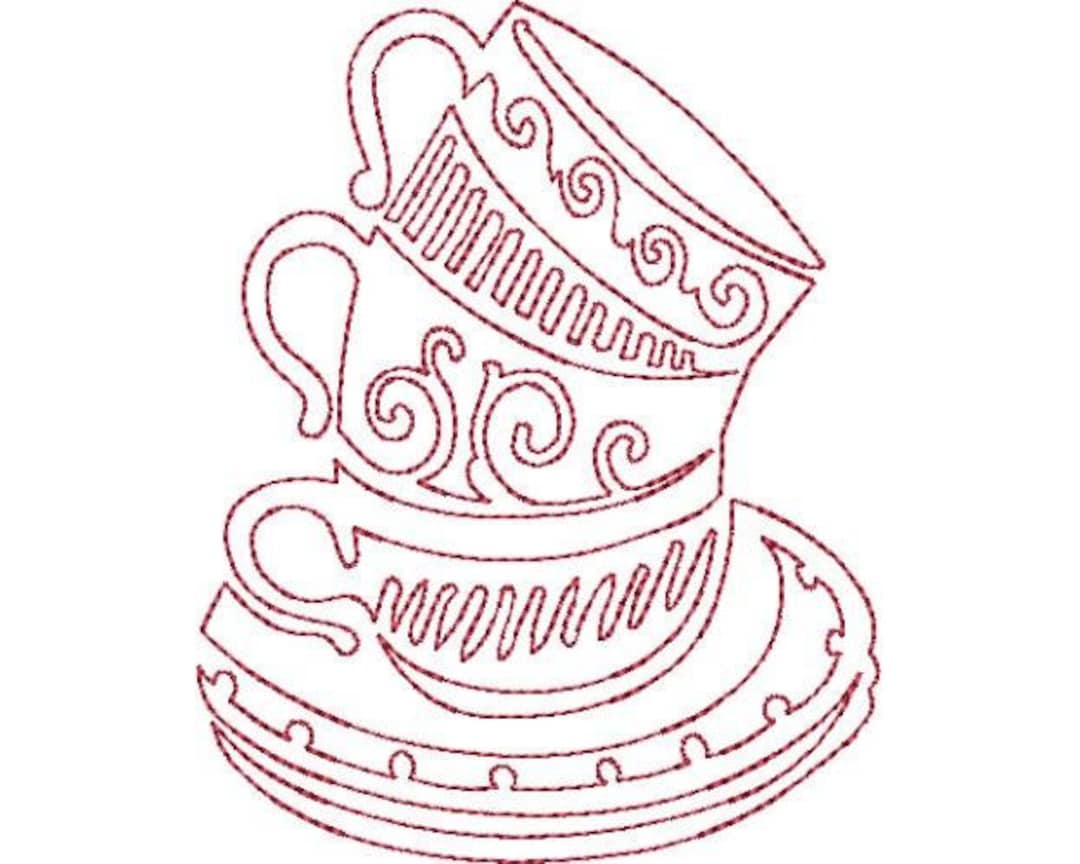 Triple Cups Redwork Machine Embroidery Design, Teacups Redwork ...