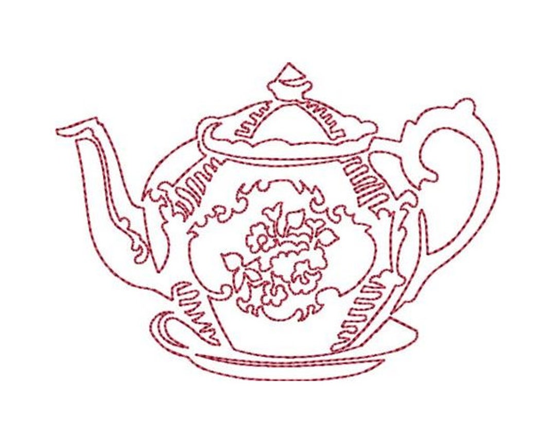 Tea Time Redwork Machine Embroidery Design, Teapot Redwork Embroidery ...