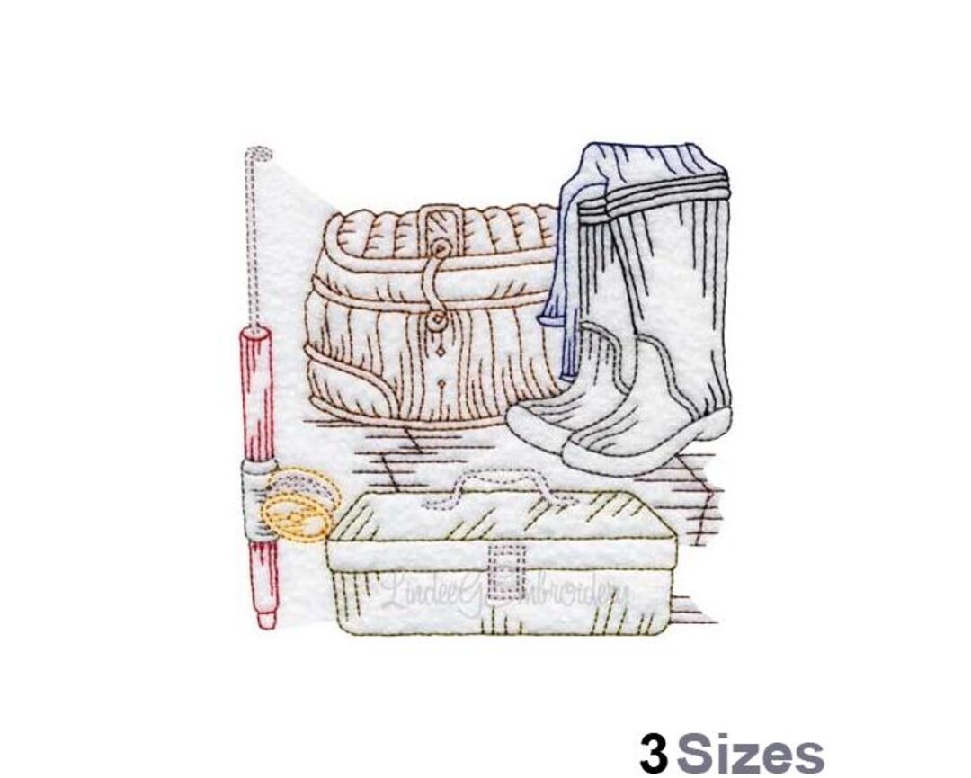 Fishing Tackle Box Multicolor Outline Quilt Block - Machine Embroidery ...