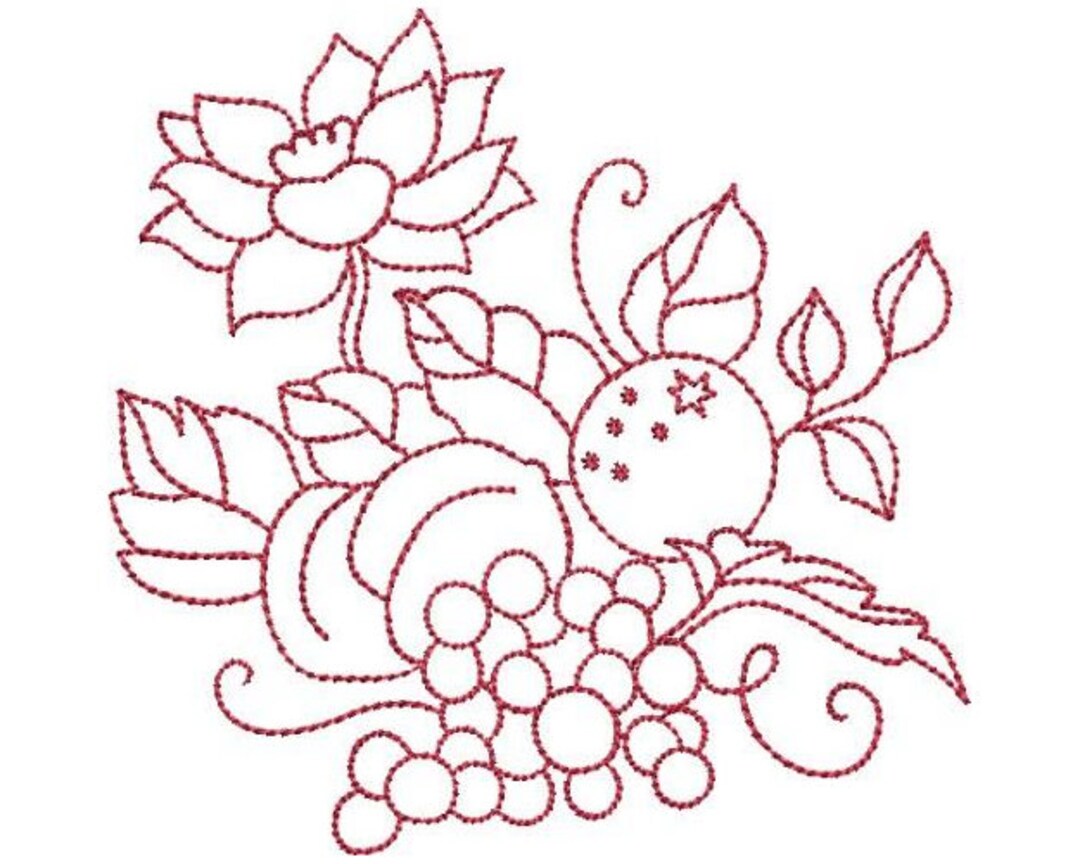 Redwork Fruits & Flower Machine Embroidery Design, Grapes and Peaches Embroidery Design, Orange ...