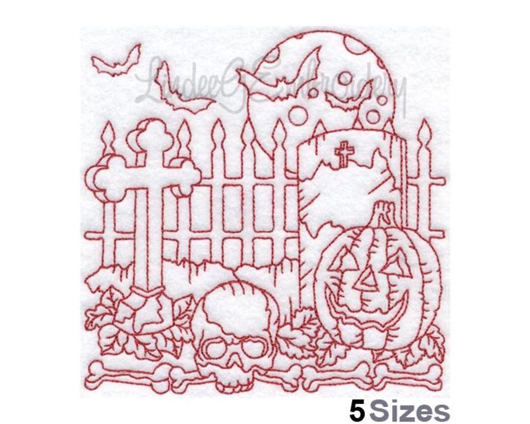 Halloween Graveyard Redwork - Machine Embroidery Design - 5 Sizes ...