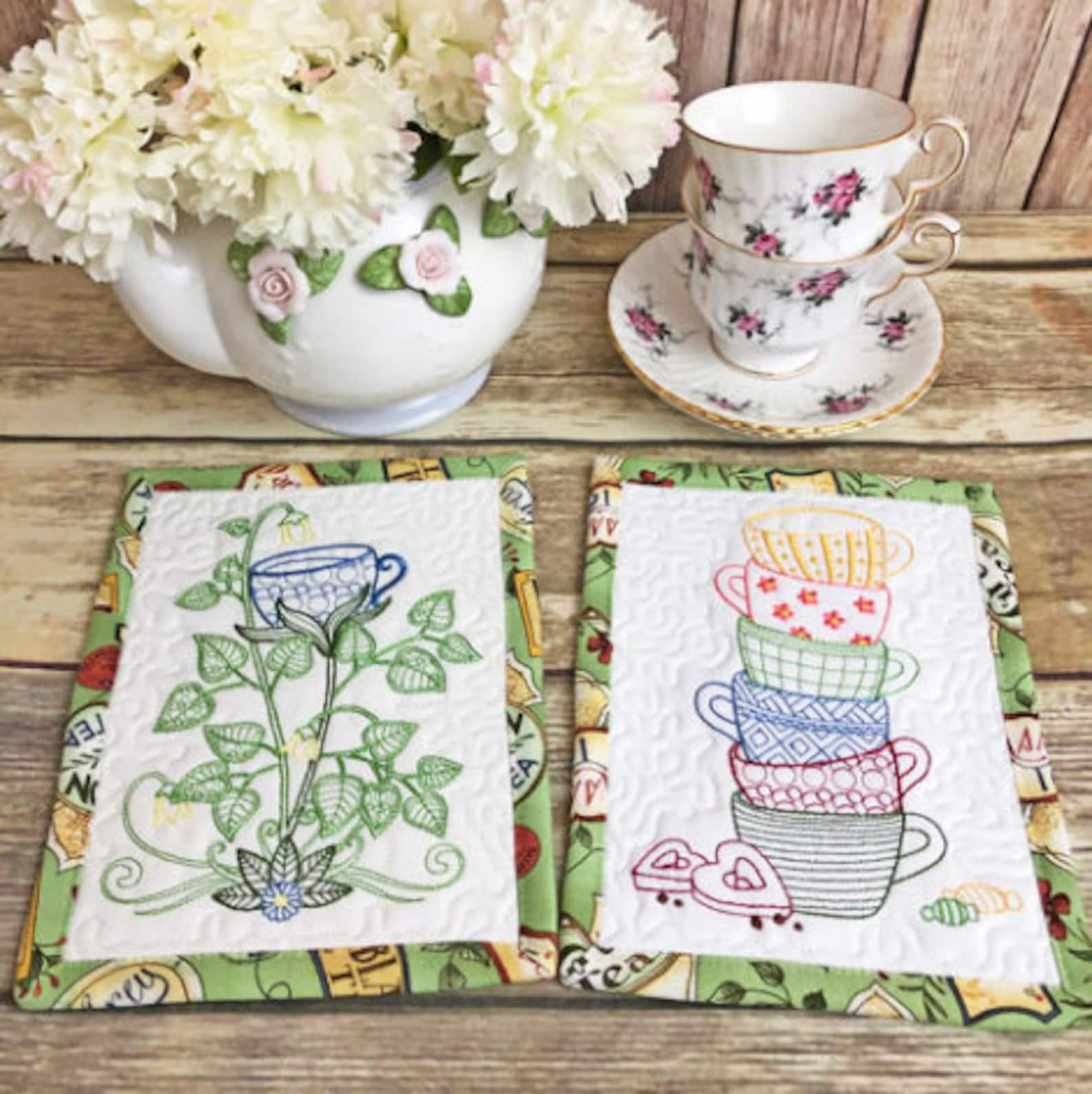 ITH Stacked Teacups Mug Rug Machine Embroidery Project - Etsy