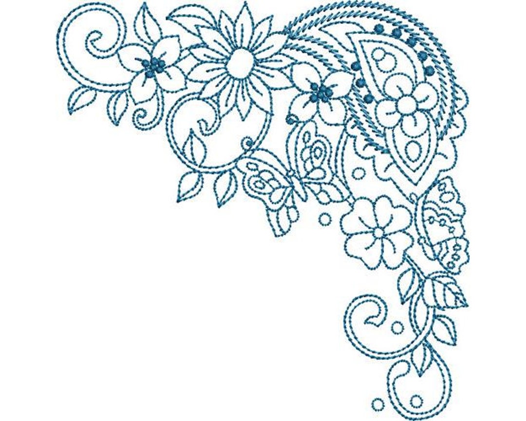 Bluework Floral Paisley Corner Machine Embroidery Design, Flower Corner ...