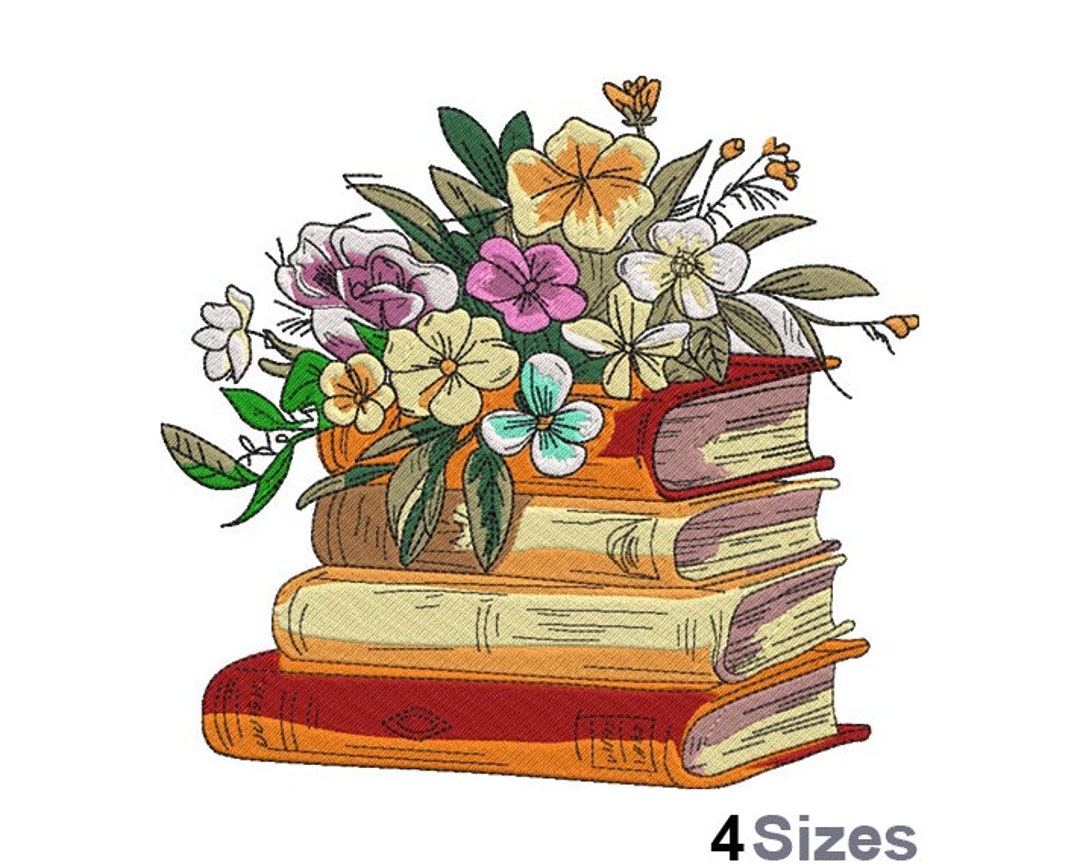 Floral Books - Machine Embroidery Design - 4 Sizes, Vintage Books ...
