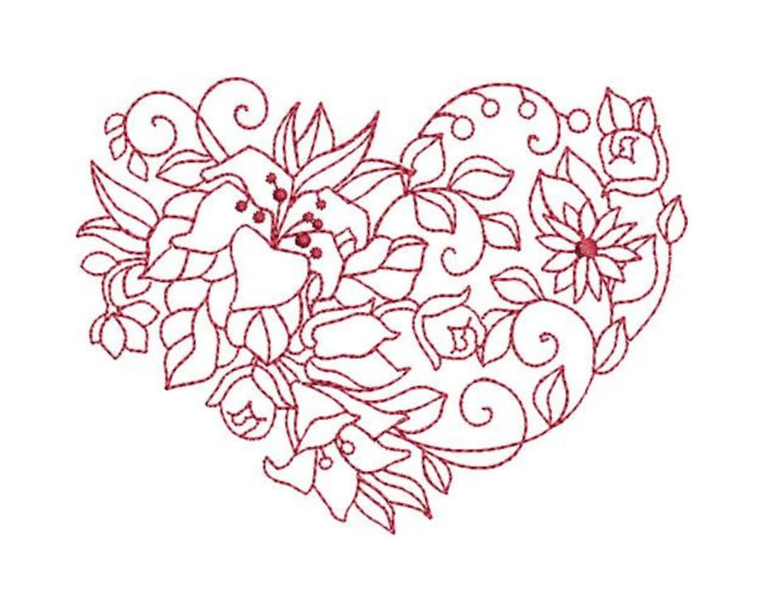 Redwork Daisies & Lilies Heart - Machine Embroidery Design, Daisy Flower Heart Redwork ...