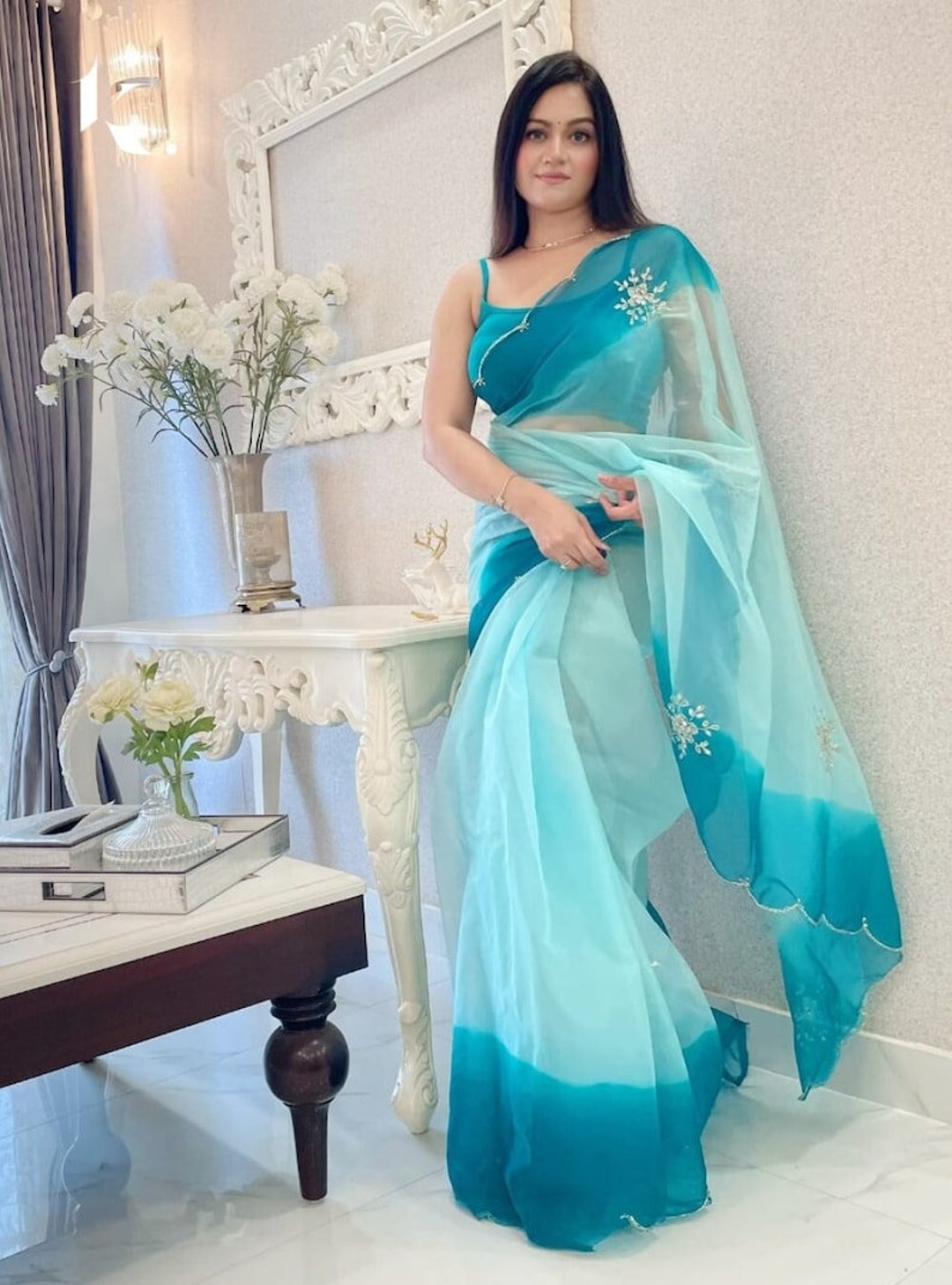 Blue Pure Soft Organza Silk Cutdana Real Mirror Handwork Saree, Saree ...