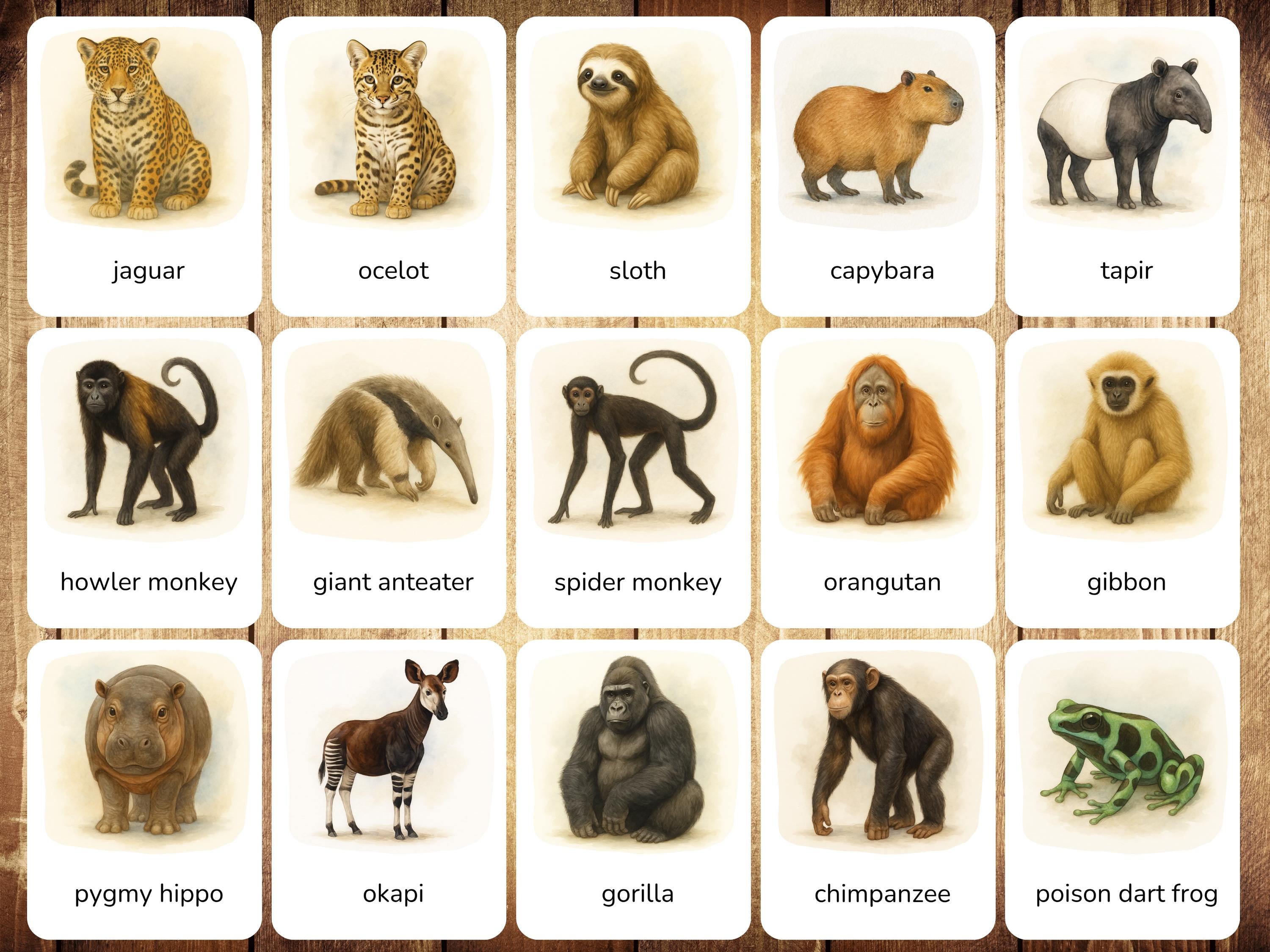 32 Rainforest Animals Flashcards | Montessori 3-part Cards | Wildlife ...
