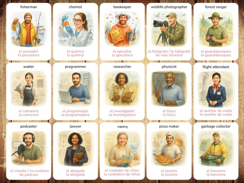 108 Professions Flashcards Bilingual | English - Spanish | Occupations ...