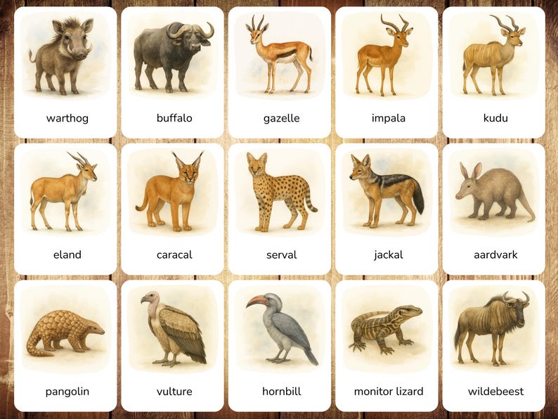 32 Safari Animals Flashcards | Montessori 3-part Cards | Wildlife ...