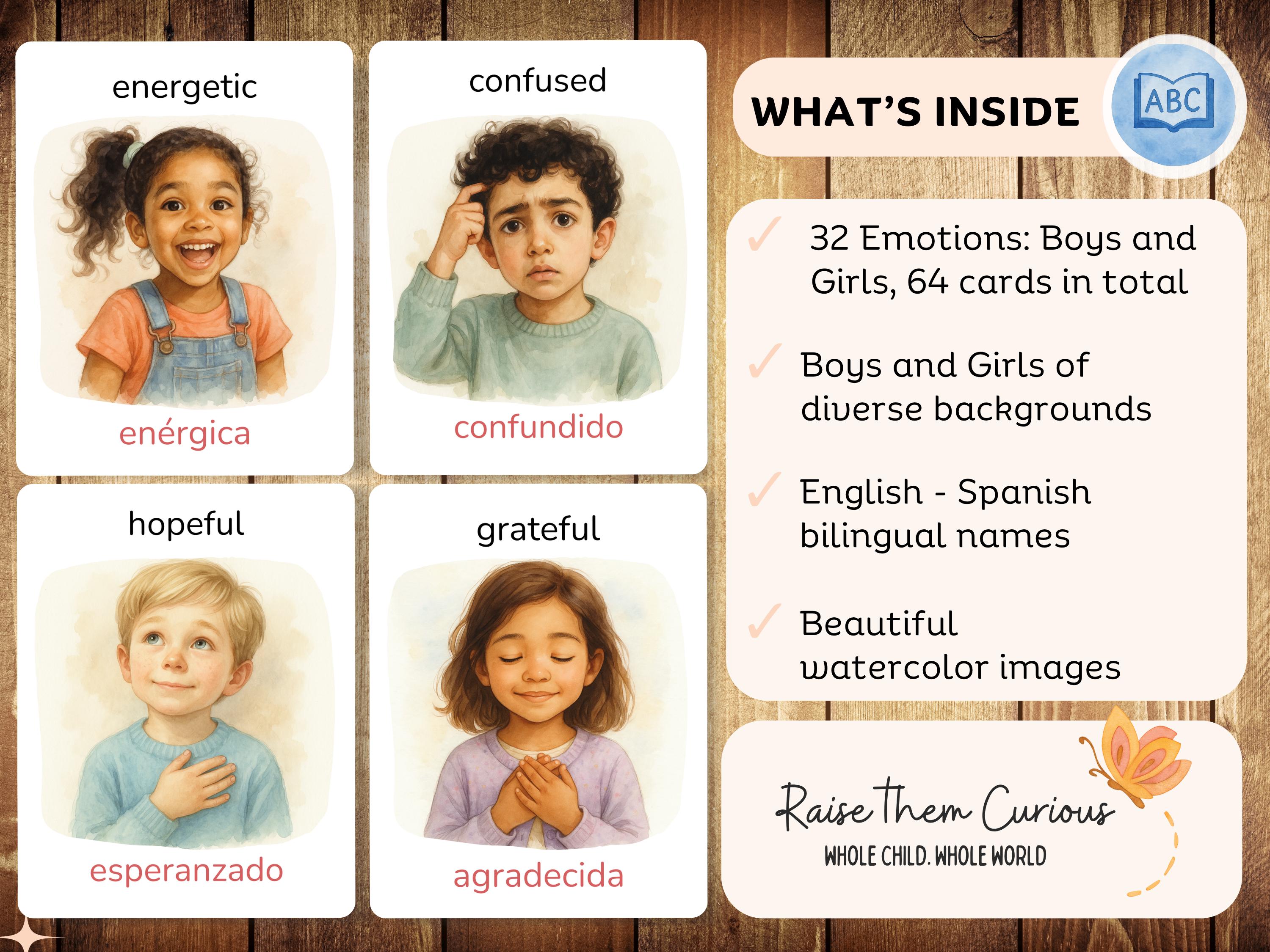 Bilingual Emotions Flashcards for Kids | English-spanish | Montessori ...