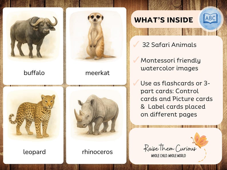 32 Safari Animals Flashcards | Montessori 3-part Cards | Wildlife ...