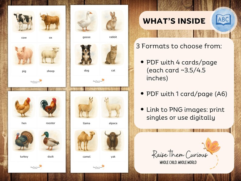 32 Domestic Animals Flashcards | Montessori 3-part Cards | Wildlife for ...