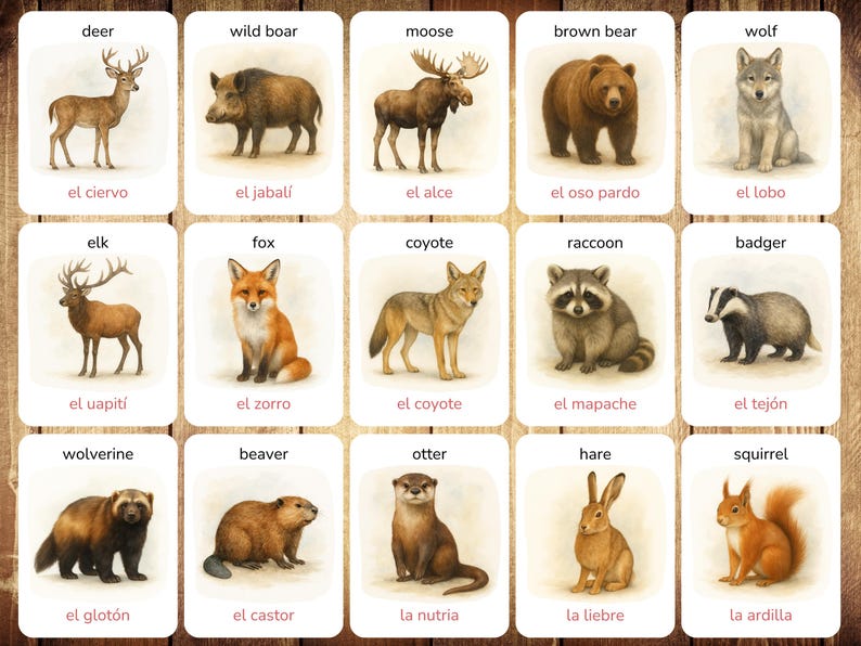 32 Bilingual Forest Animals Flashcards | English - Spanish | Woodland ...
