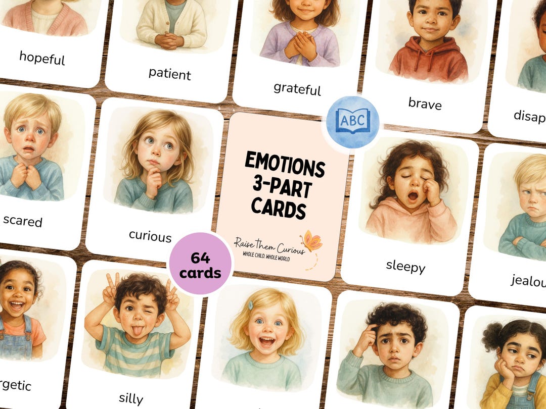 64 Montessori Emotions Flashcards for Kids | 3-part Cards | Printable ...