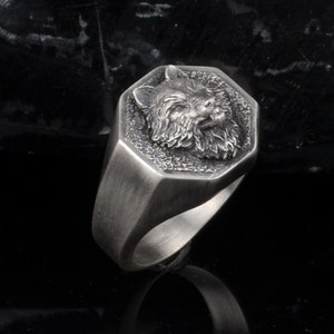 Sterling Silver Octagon Pinky Ring, Howling Wolf Man Ring, 3d Animal ...