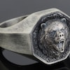 BEAR RING- Sterling Silver Bear Head Geometric Statement Ring- Oxidized ...