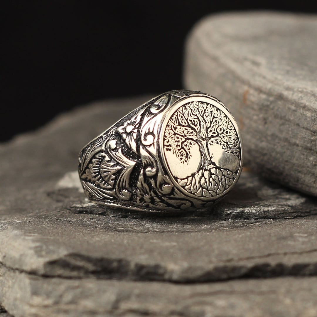Yggdrasil Oxidized Silver Signet Ring, Family Tree Design - Etsy