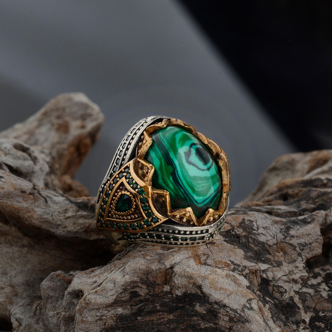 Malachite Man Ring, 925 Silver Dainty Man Ring, Green Gemstone Mens ...