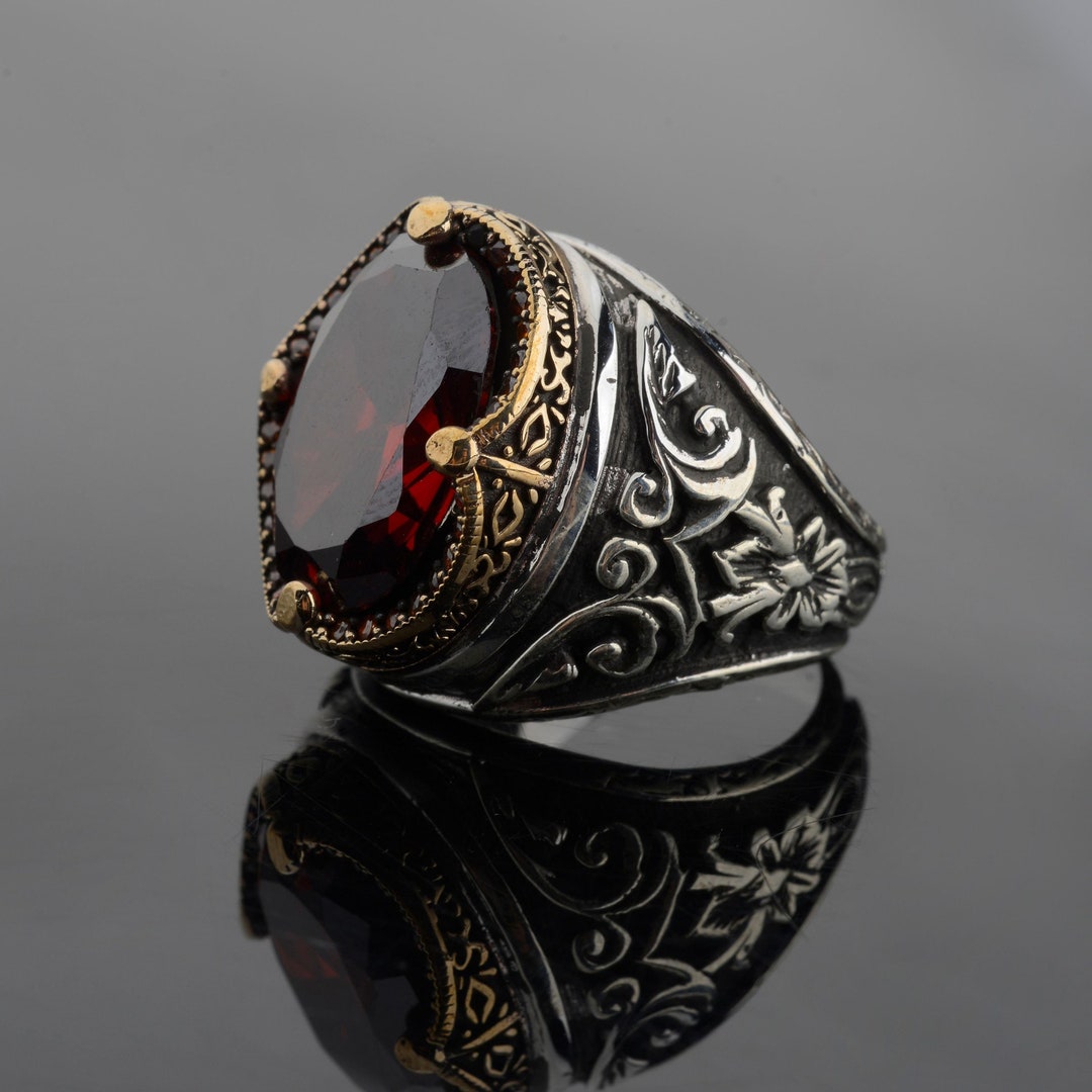 Handmade 925 Silver Men's Ring: Red Zircon Oval Stone - Etsy