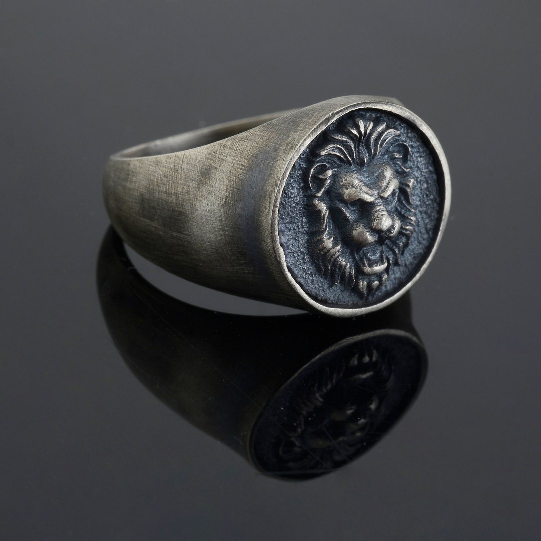 Sterling Silver Lion Head Signet Ring, Nature Inspired - Etsy