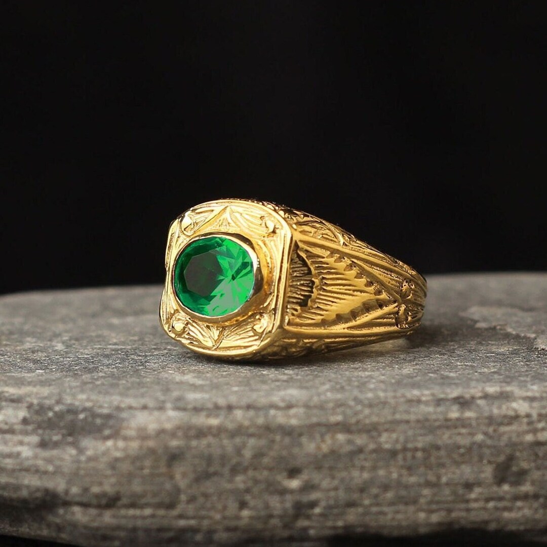10k Gold Green Gemstone Mens Ring, Vintage Gemstone Men Ring , Engraved ...