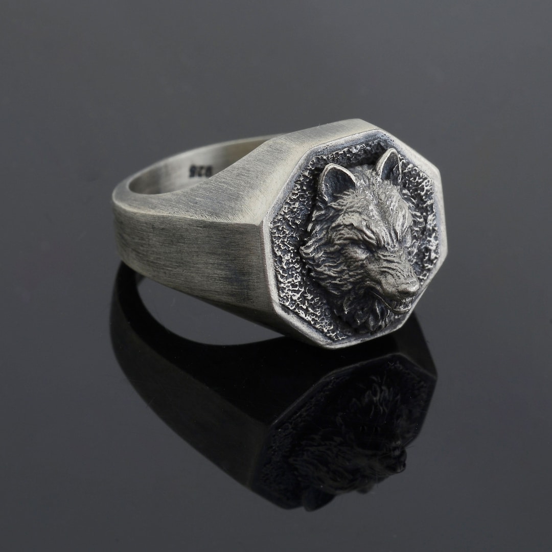 Sterling Silver Octagon Pinky Ring, Howling Wolf Man Ring, 3d Animal ...