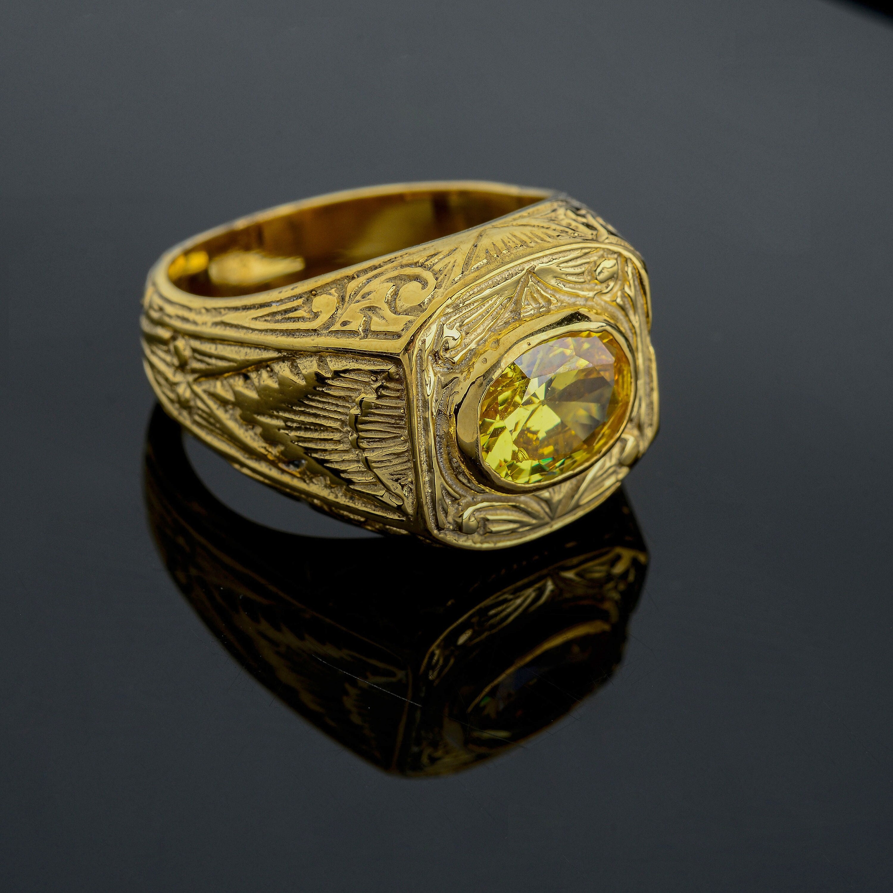 10K Gold Citrine Gemstone Mens Ring Vintage Gemstone Men Ring Engraved Gold Men Ring Gift for Dad Husband Gift Ring Men Gift
