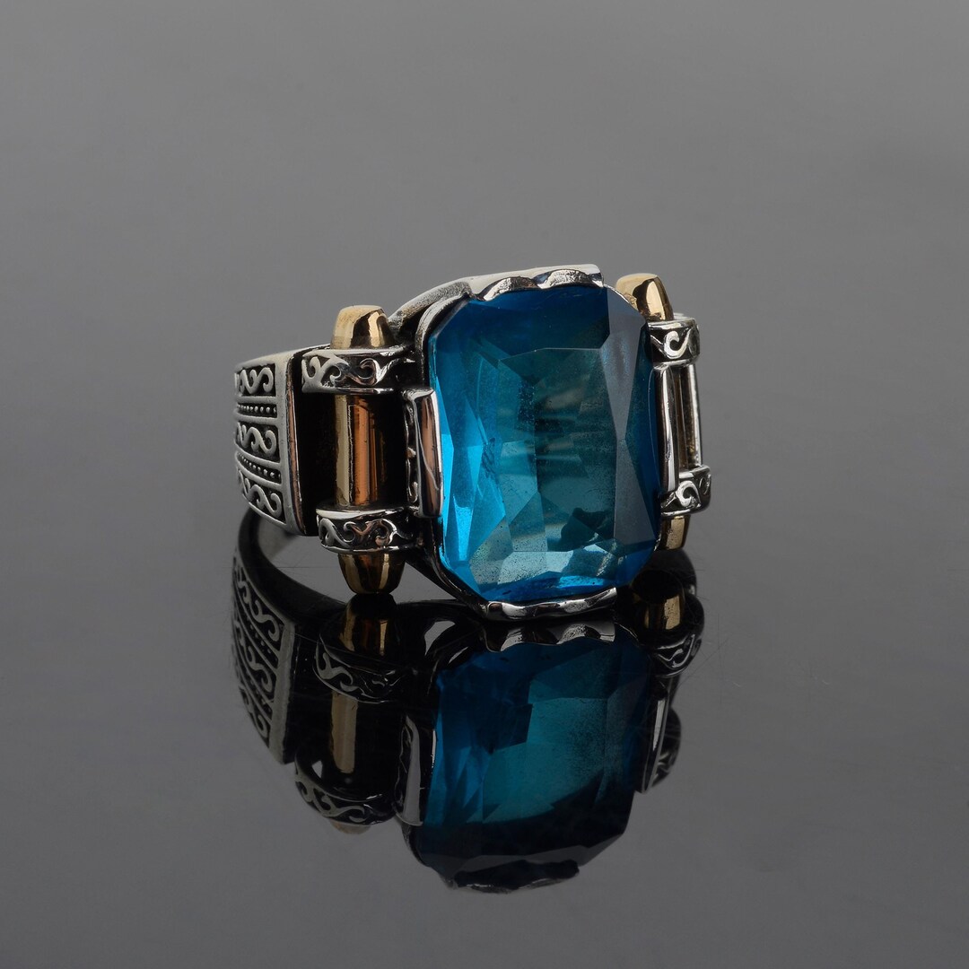 925 Aquamarine Stone Men's Ring, Blue Stone Men's Ring, Antique Ring ...