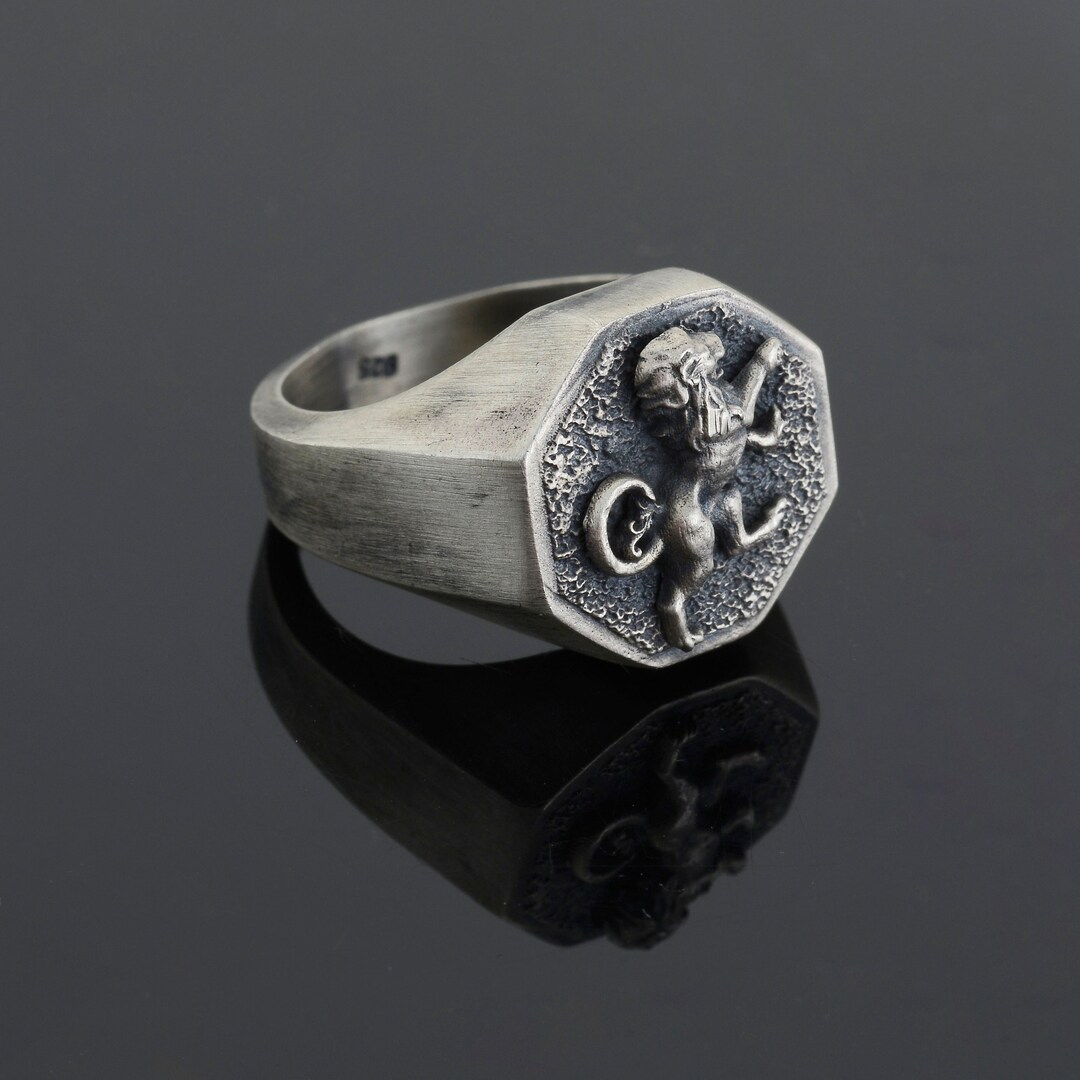 Octagon Pinky Ring, Lion Head Man Ring, Sterling Silver , Nature Ring ...