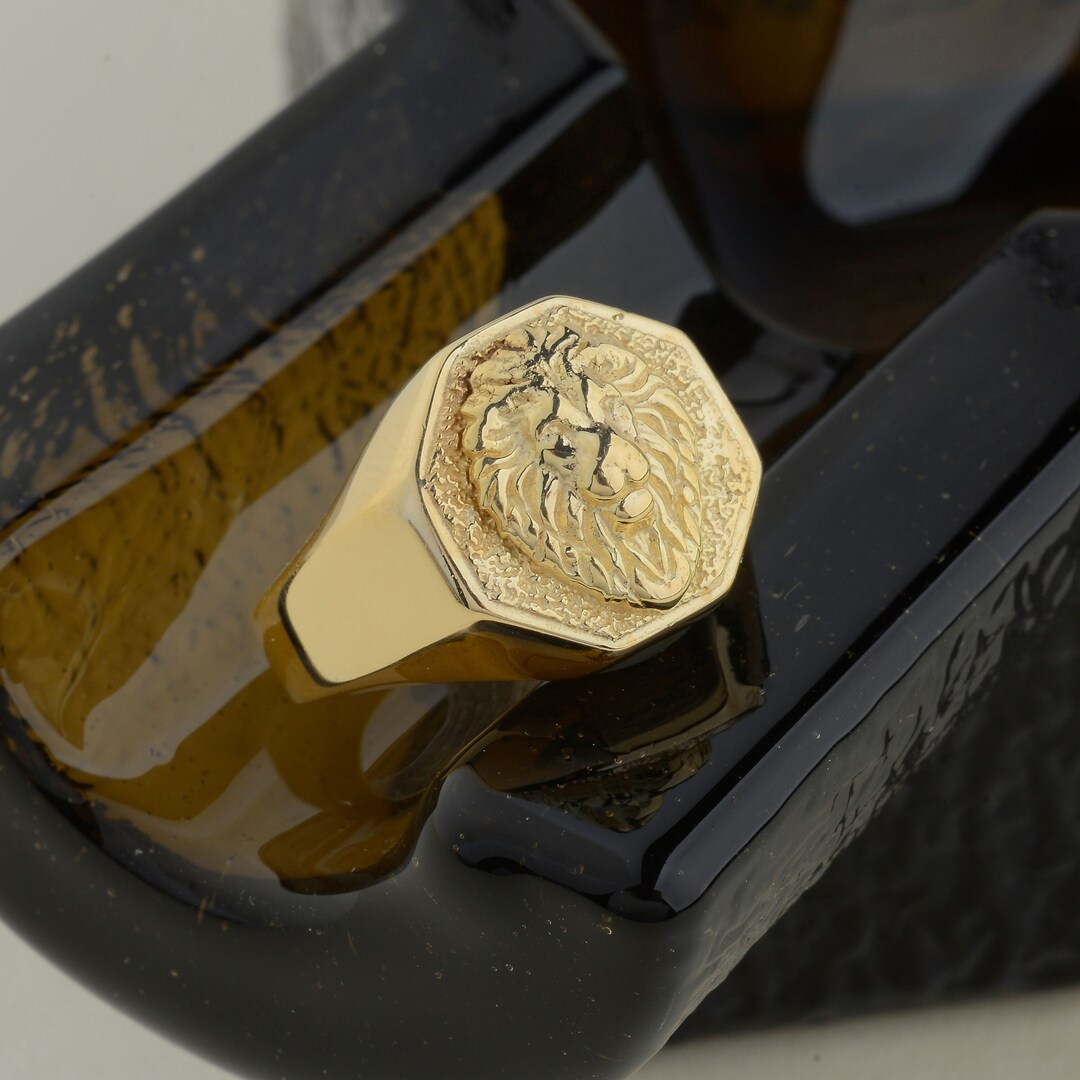 Solid Gold Lion Signet Ring, Stackable Lion Promise Ring, Pinky Man ...