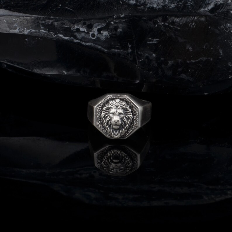 Octagon Pinky Ring Lion Head Man Ring Sterling Silver - Etsy