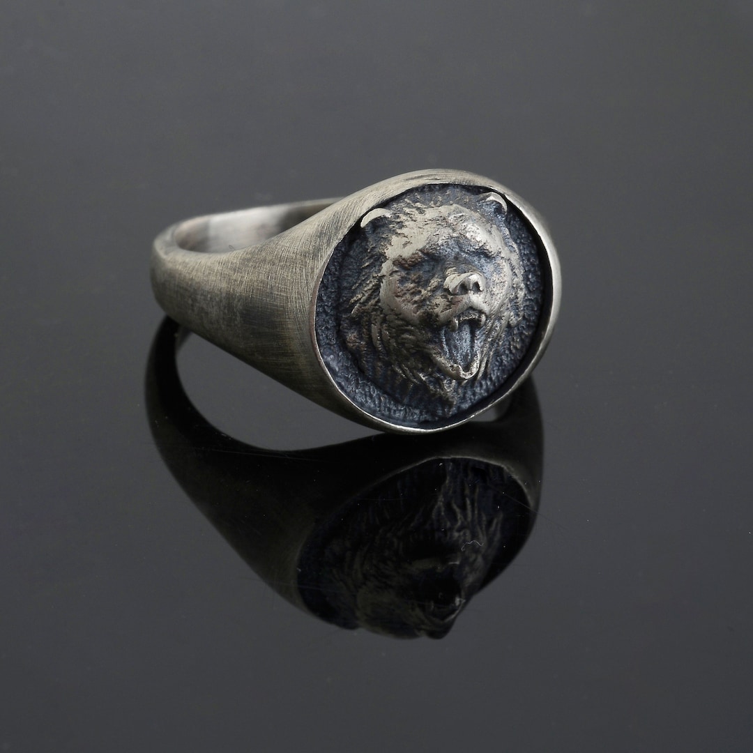 Sterling Silver Viking Bear Head Ring, Mens Signet - Etsy