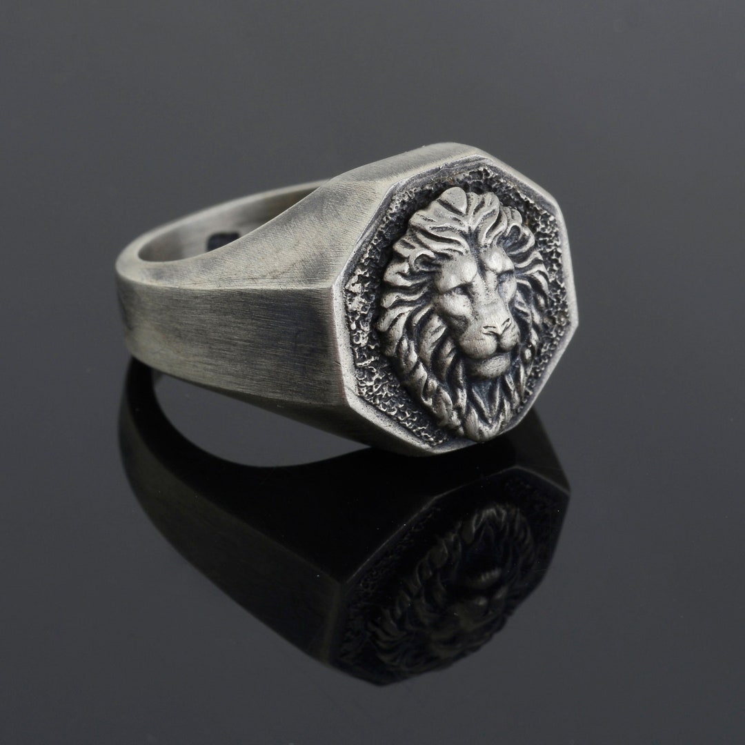 Octagon Pinky Ring, Lion Head Man Ring, Sterling Silver , Nature Ring ...