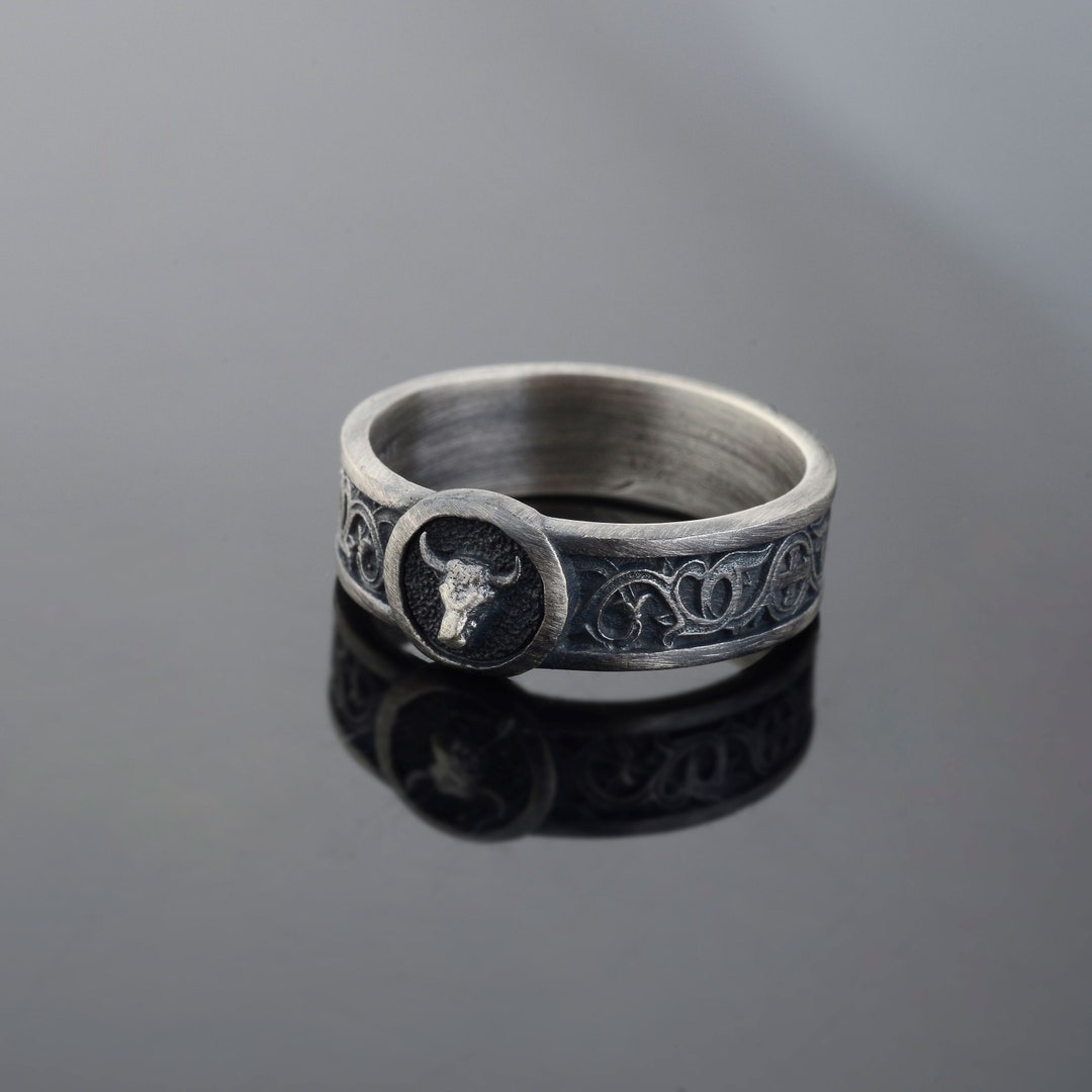 Taurus Bull Band Ring, Lily Motif Zodiac Sign Ring, Handmade Mens Ring ...