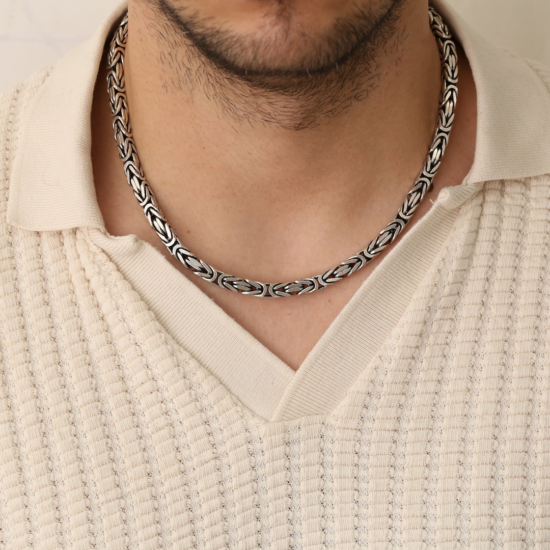 925 Silver King Chain Necklace, Handmade Square Byzantine Chain ...