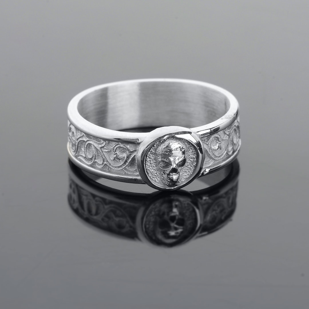 Skull Band Ring, Lily Motifs Ring, Silver Handmade Mens Ring, Unique ...